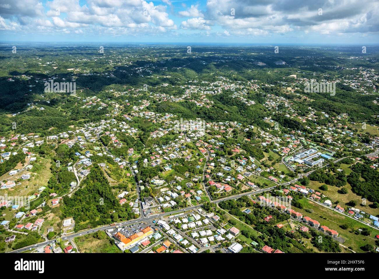 Aerial view of small town on the south coast near Le Gosier, Grande ...