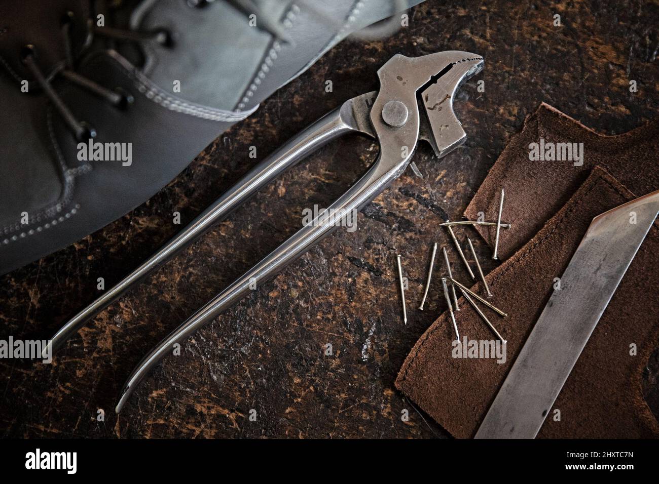 Top view of working tools and nails on the ground Stock Photo - Alamy
