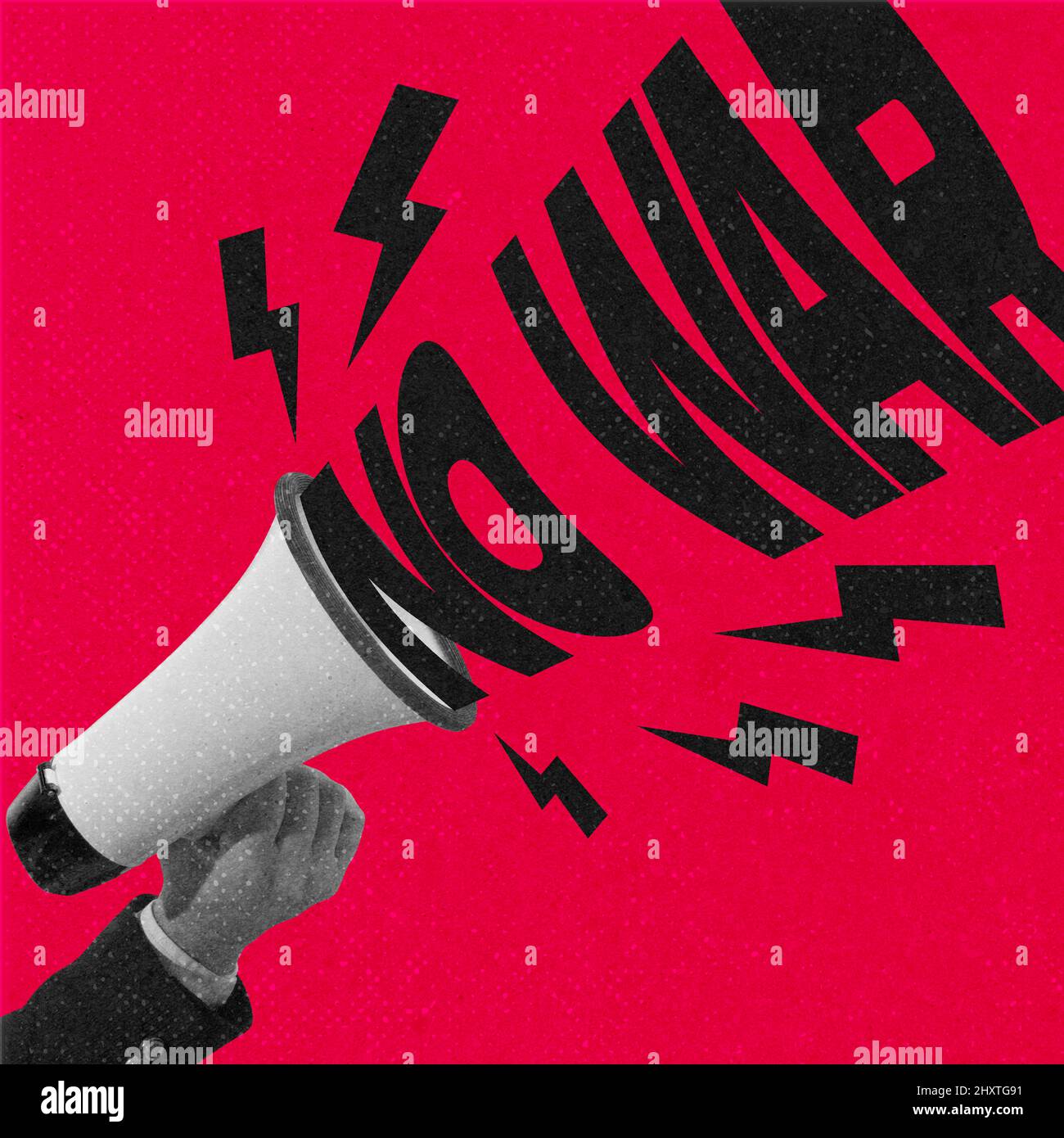 Contemporary art collage. Giant megphone shouting with No war letters ...