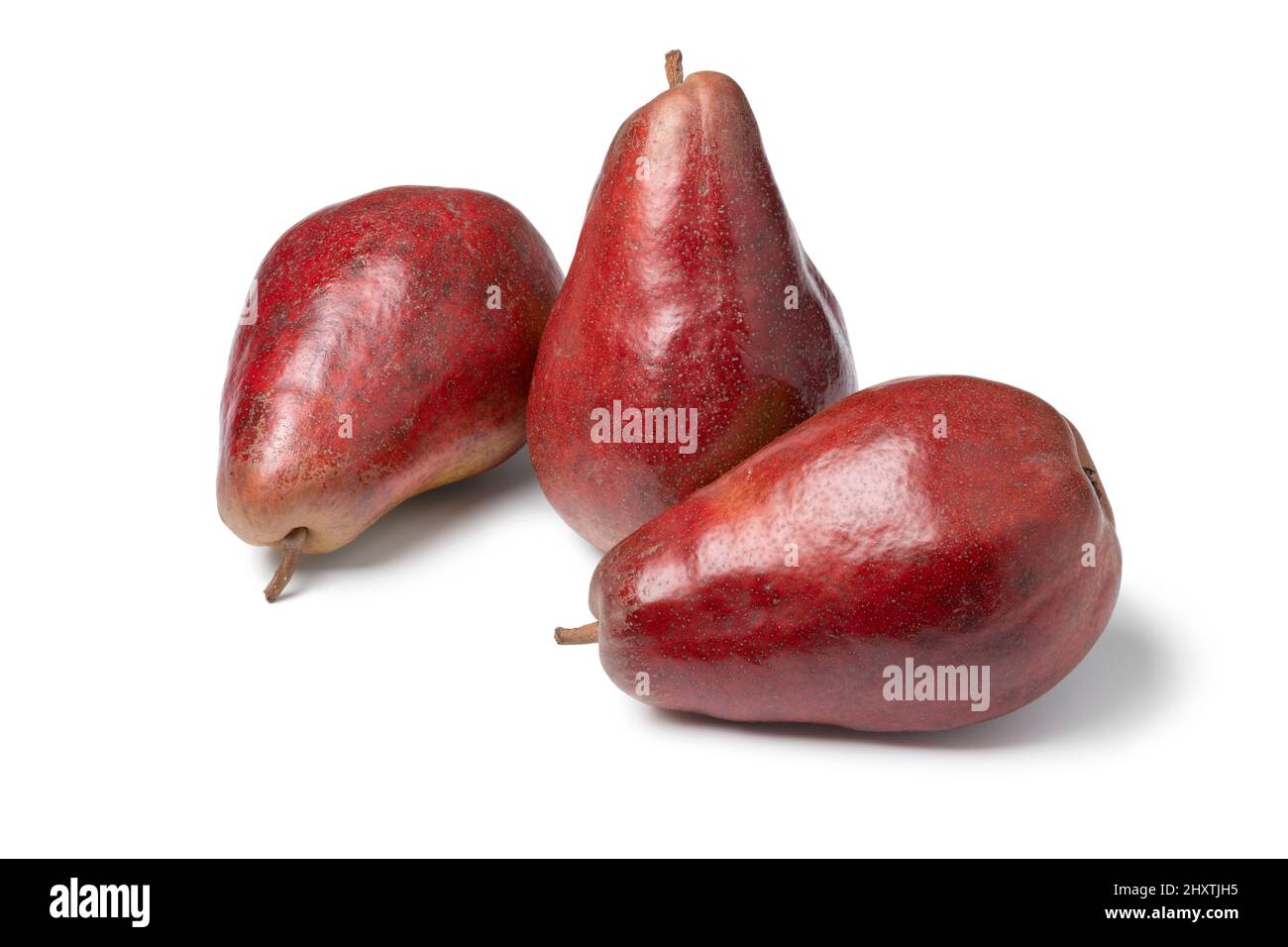 Threer whole fresh ripe Belgian sweet Red Modoc pears isolated on white ...