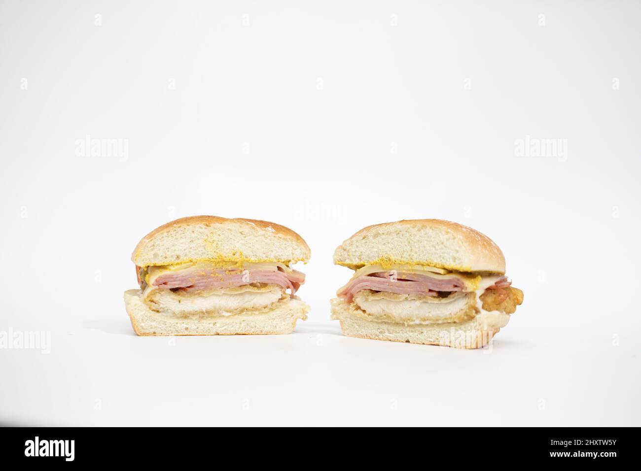 Closeup of a delicious sandwich cut into two pieces isolated on white ...