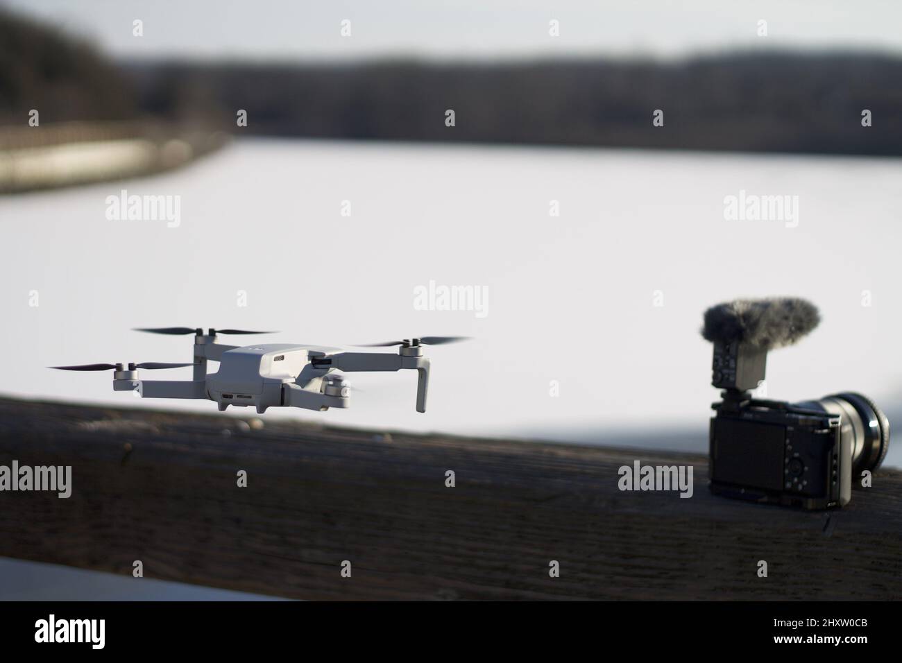 Close up shot of a white mini camera drone Stock Photo - Alamy