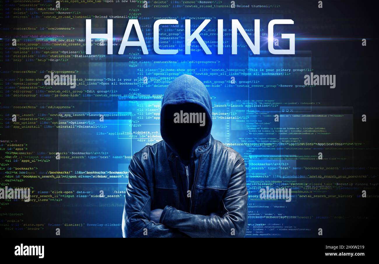 Faceless hacker on code background Stock Photo - Alamy