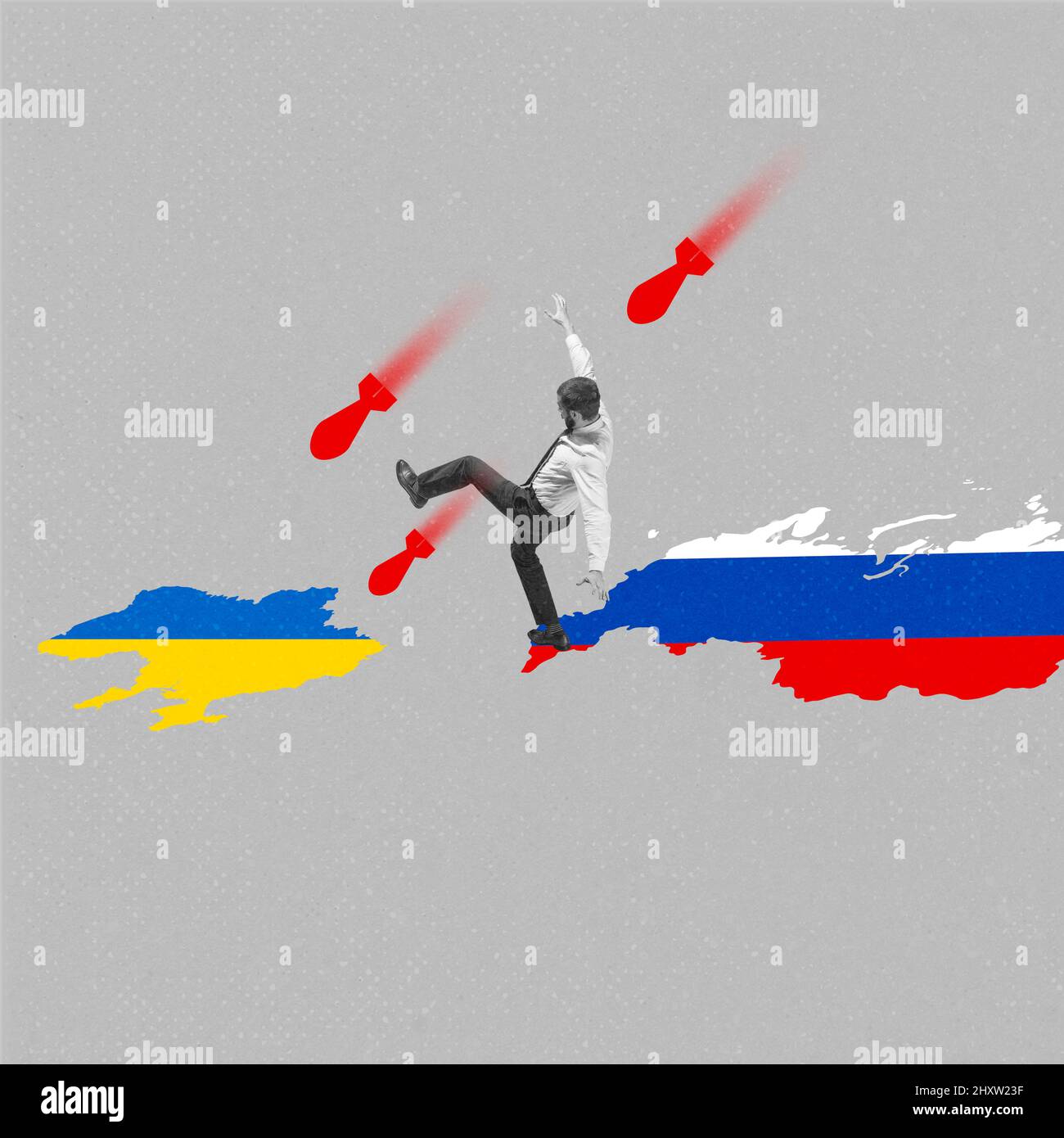 Contemporary art collage. Russian attacks Ukraine with bombs. Stop war ...