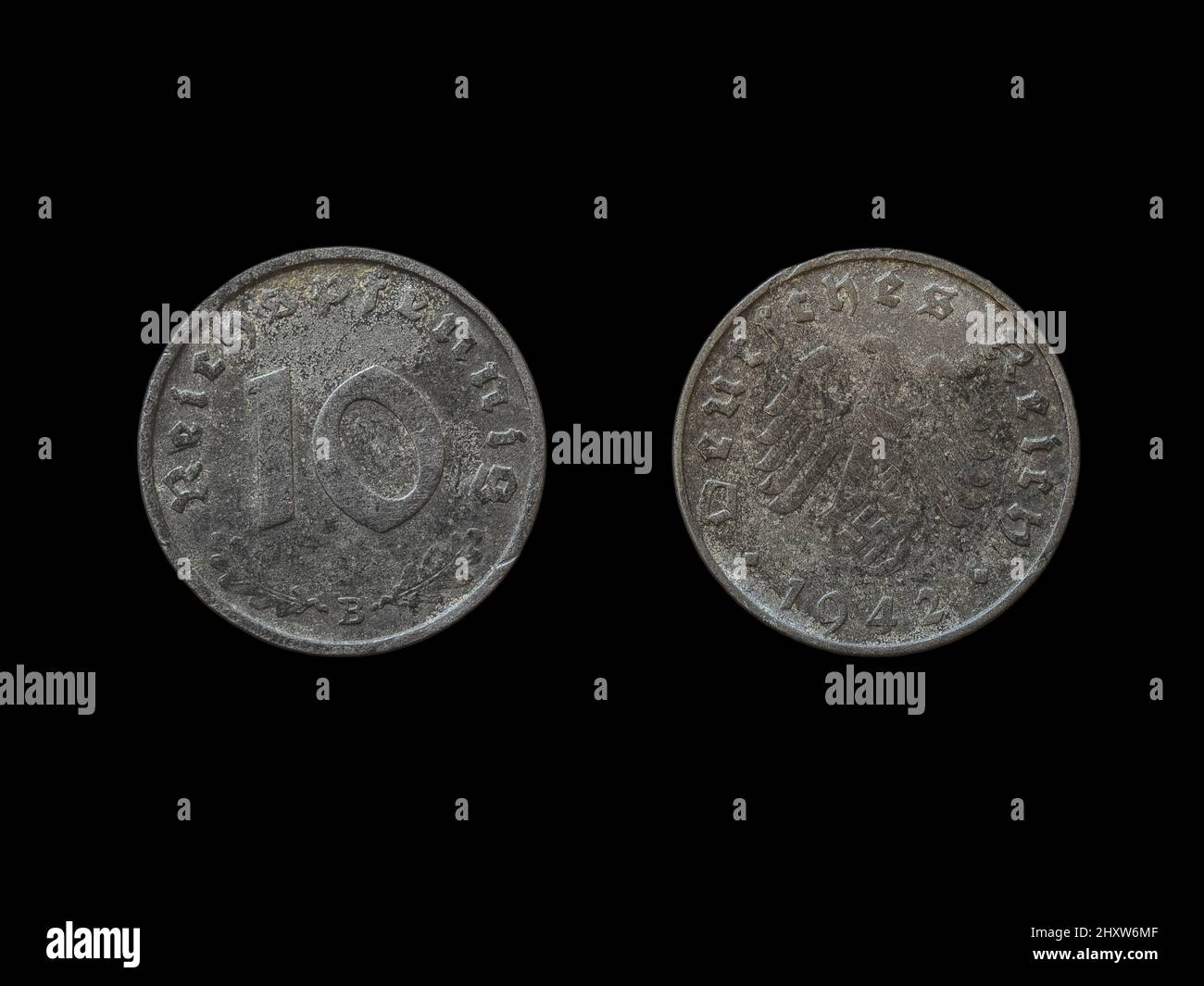 Isolated shot of both sides of a vintage 1942 Reich pfennig coin from ...