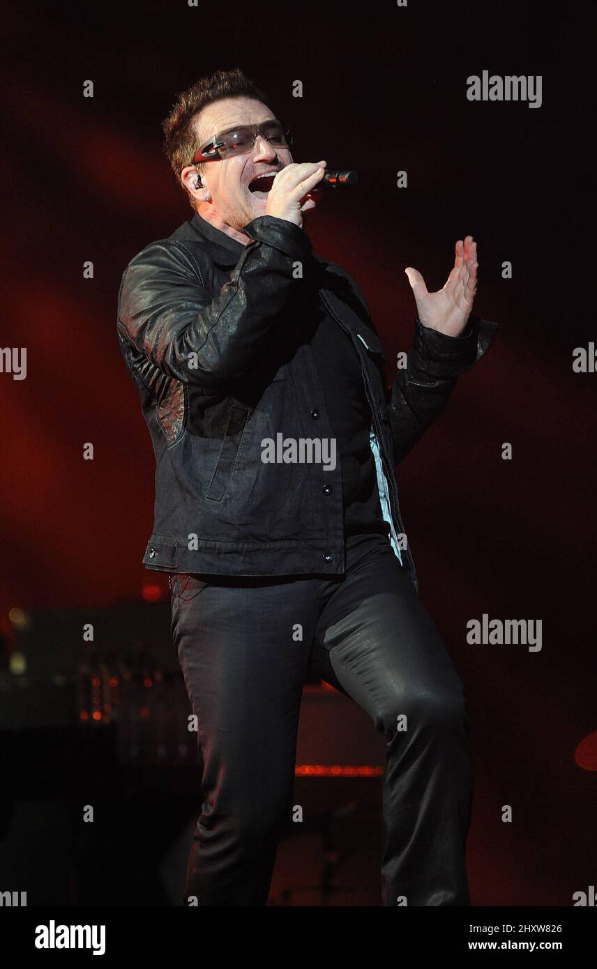Bono of the band U2 performs live in concert at the M & T Bank Stadium ...