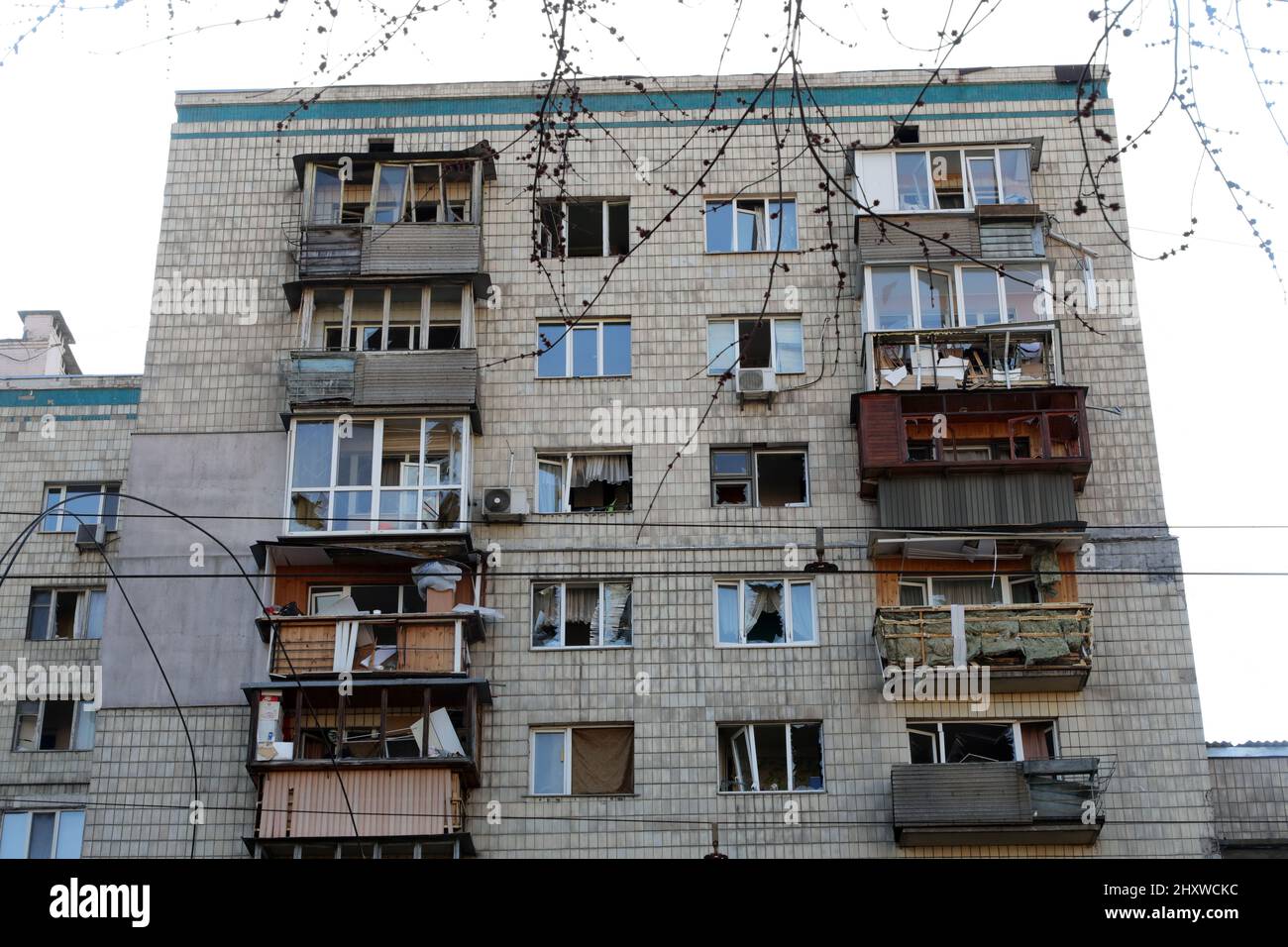 KYIV, UKRAINE - MARCH 14, 2022 - Smashed windows in a residential ...