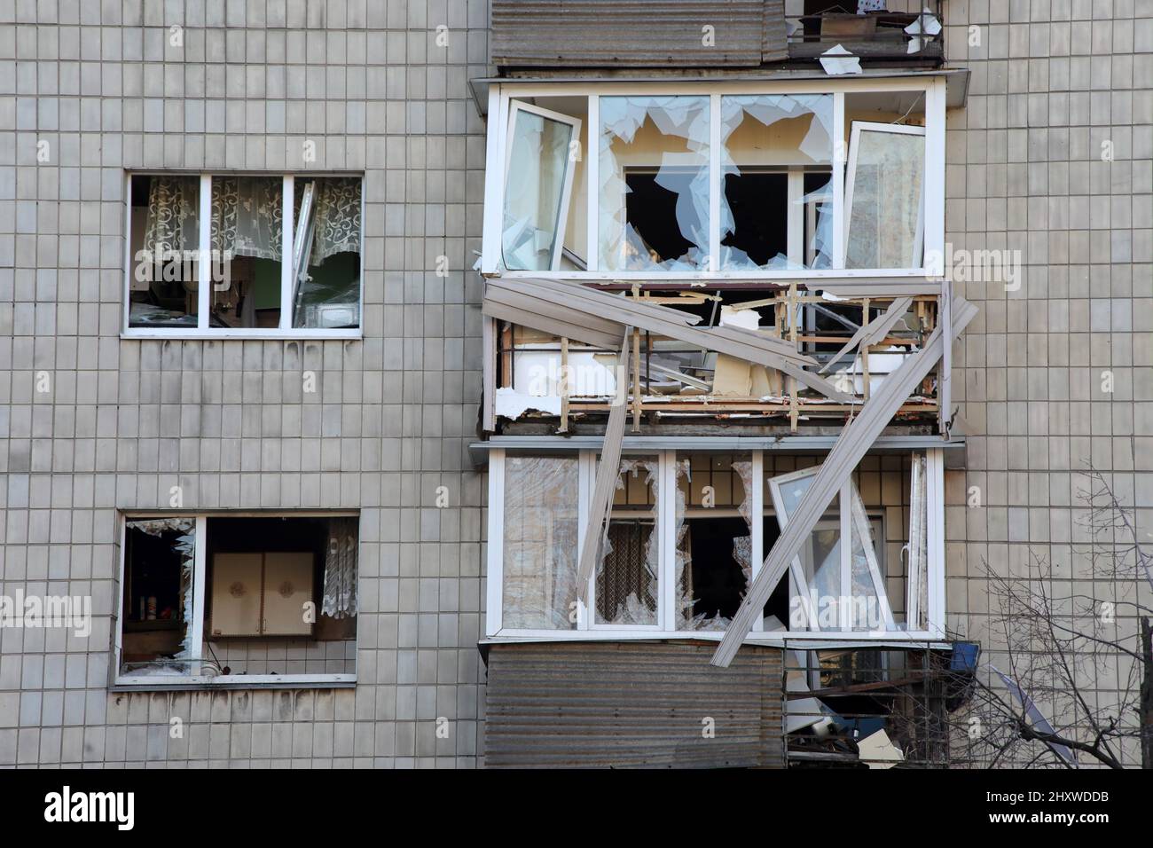 KYIV, UKRAINE - MARCH 14, 2022 - Smashed windows and damaged balconies ...