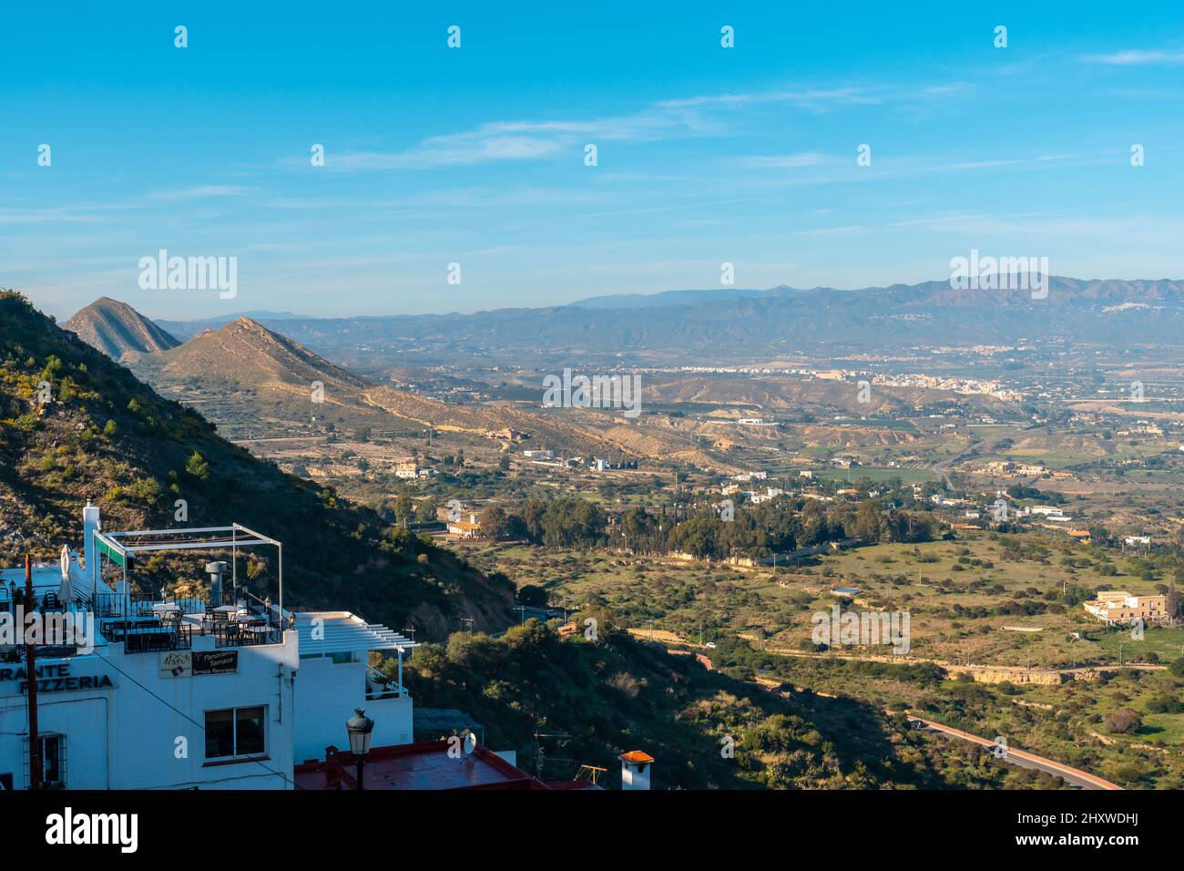 Aerial view of the town of Plaza Nueva de Mojacar and the mountain ...