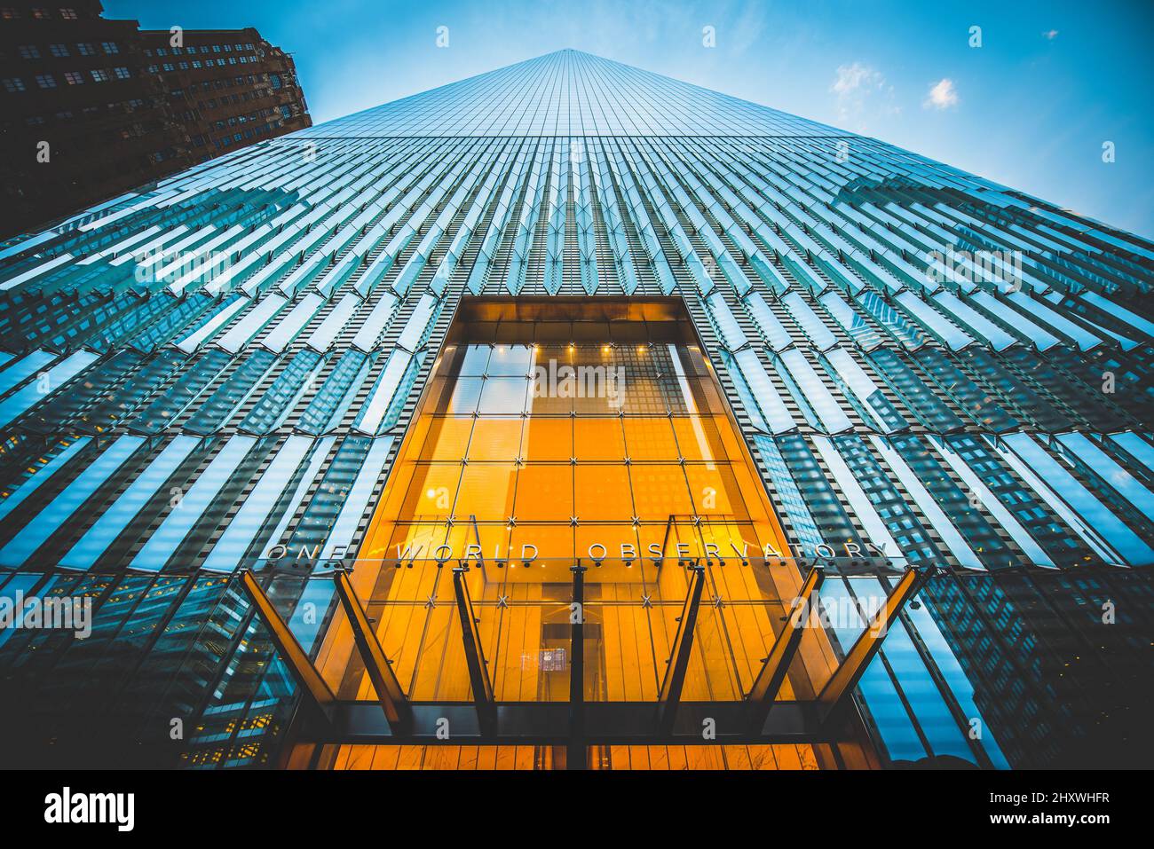 Low angle shot of a skyscraper at dark night in NYC, USA Stock Photo ...