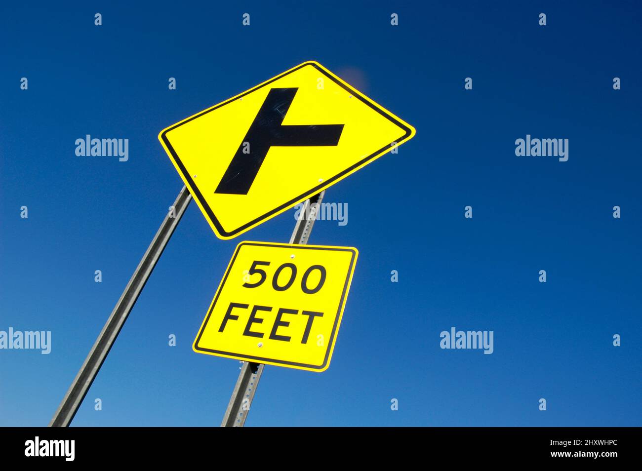 Freeway and road signs on the shoulder of the roadway bed Stock Photo ...