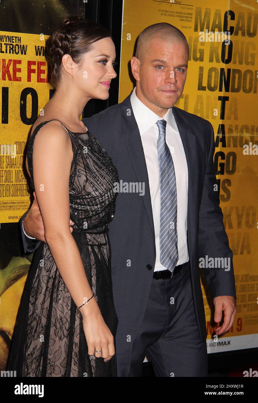 Marion Cotillard and Matt Damon attends the premiere of Warner Bros ...