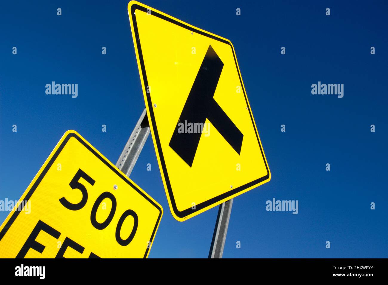 Freeway and road signs on the shoulder of the roadway bed Stock Photo ...