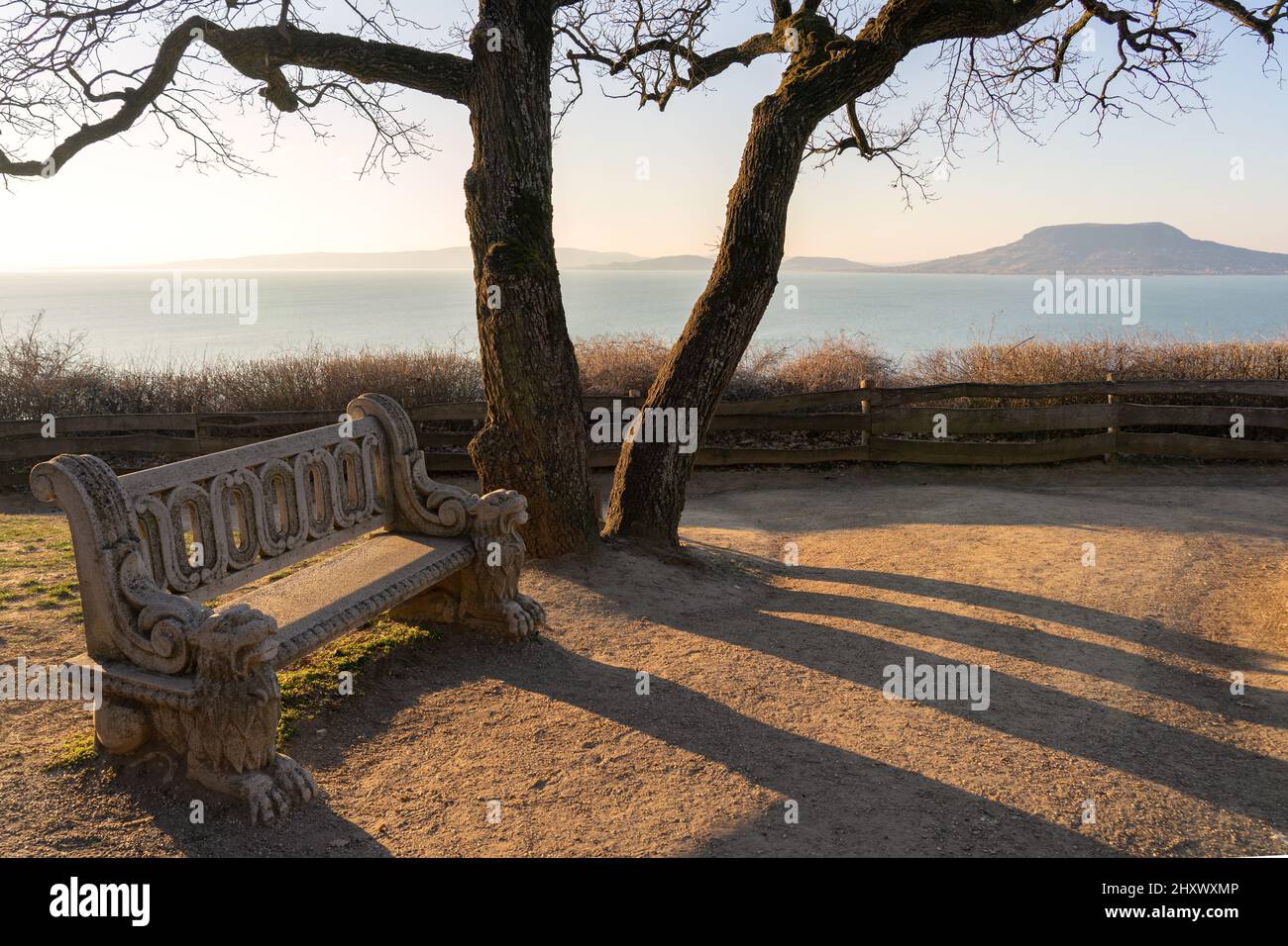 beautiful lake balaton landscape in Fonyod Hungary with decorated stone ...