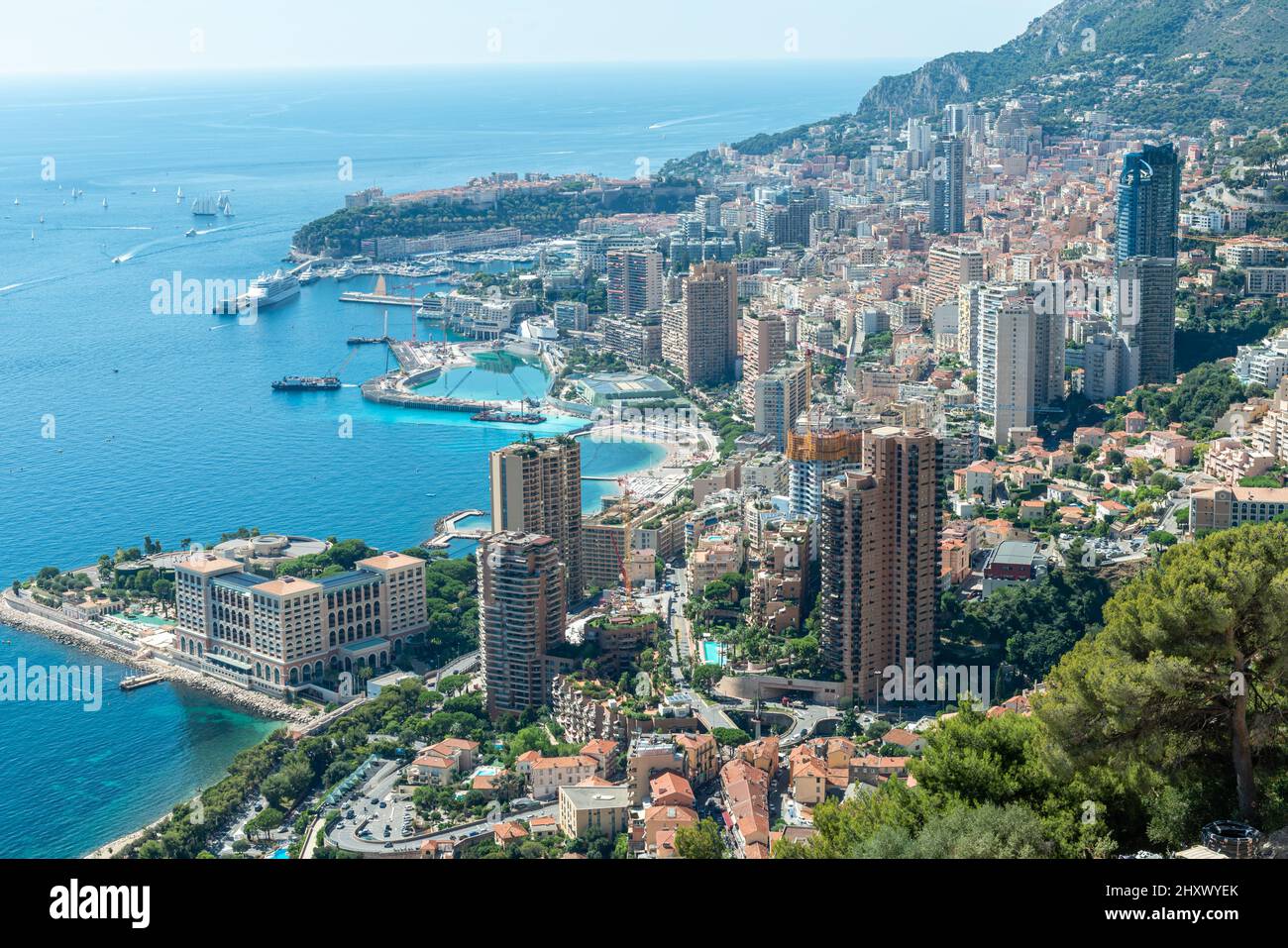 Aerial view of sunny Monaco City with skyscrapers and the Mediterranean ...