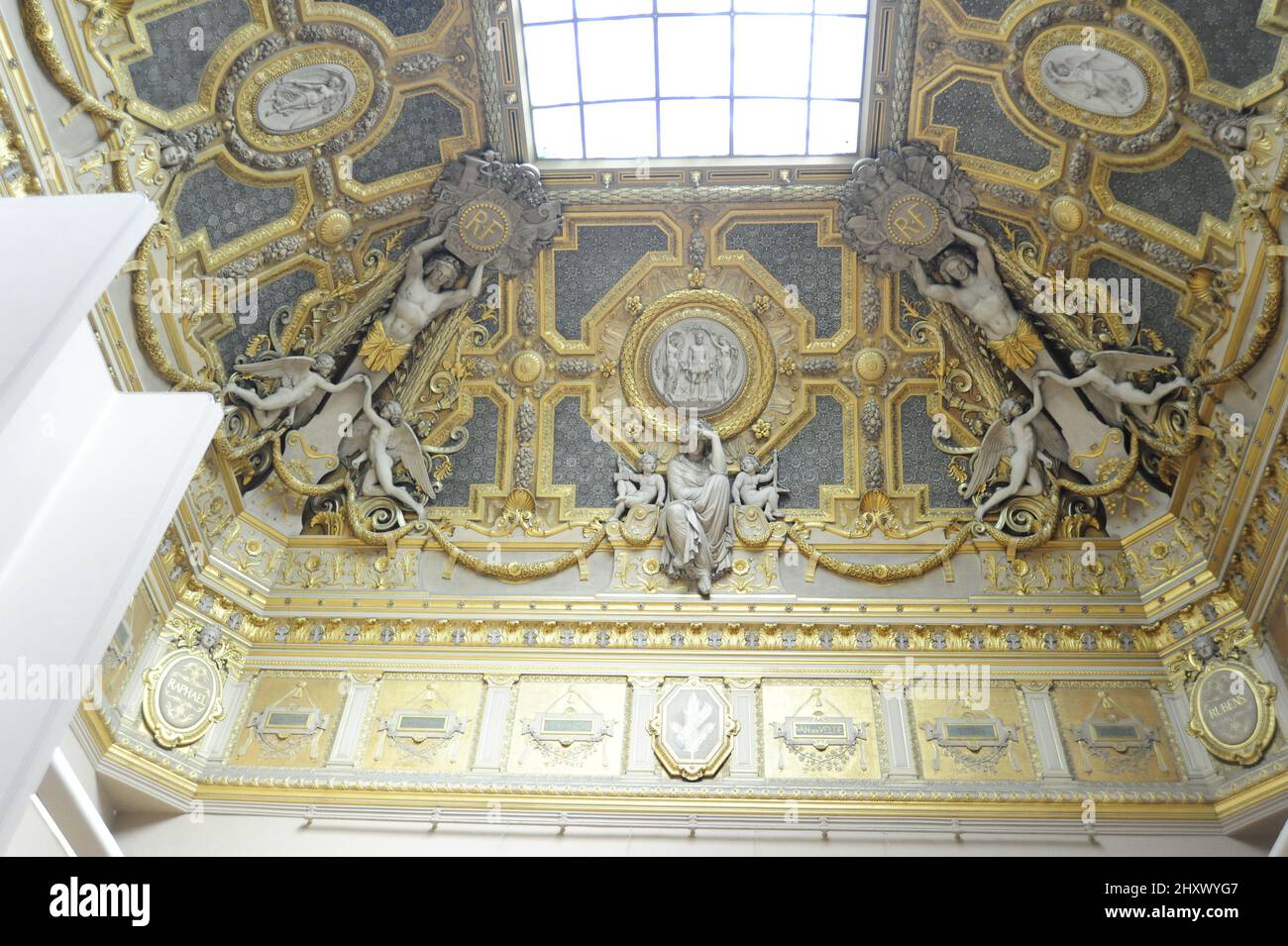 Scenic view of a ceiling inside the Louvre Museum in paris, France ...