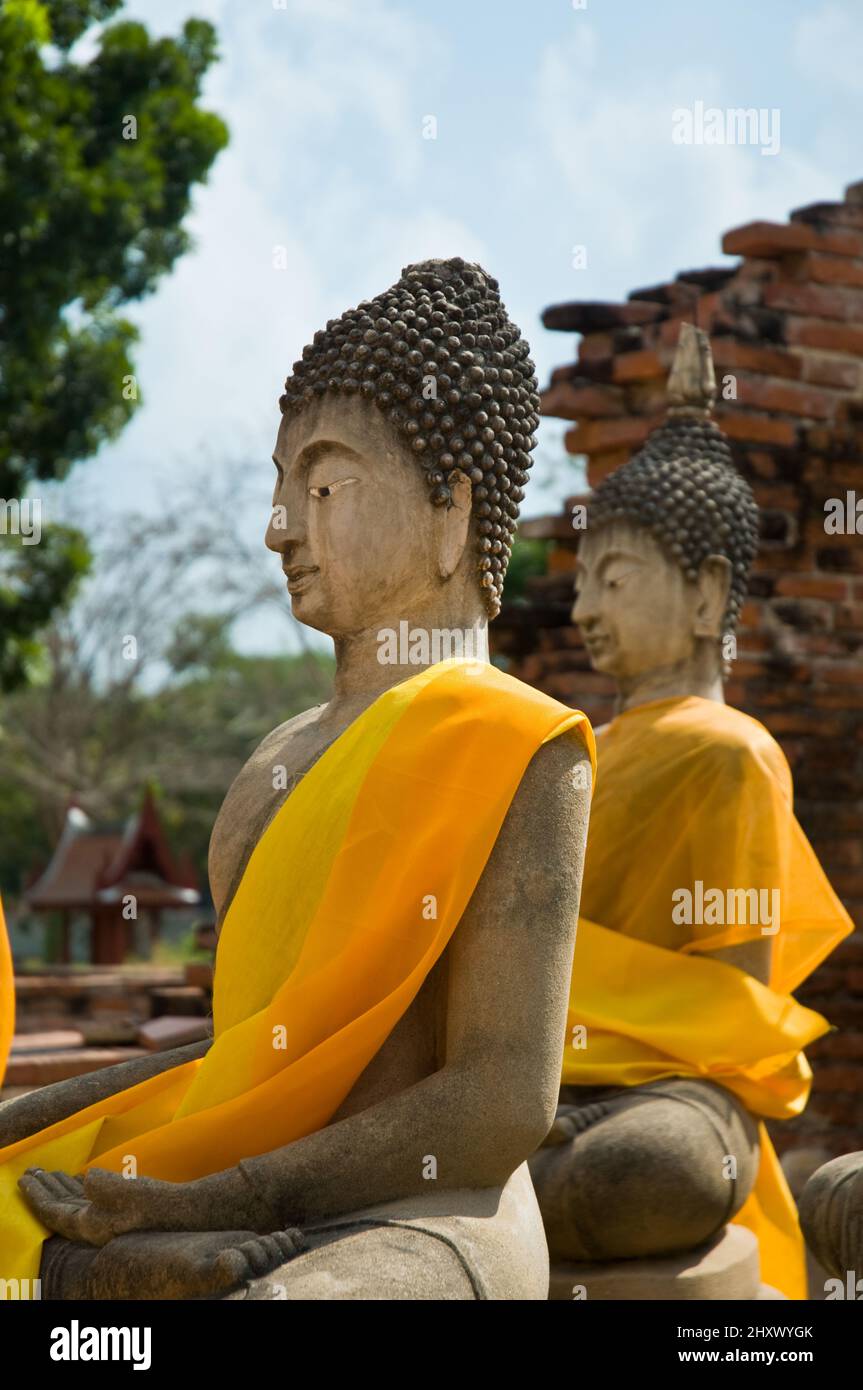Buddha statues wrapped in orange scarves in Ayutthaya, Thailand Stock ...