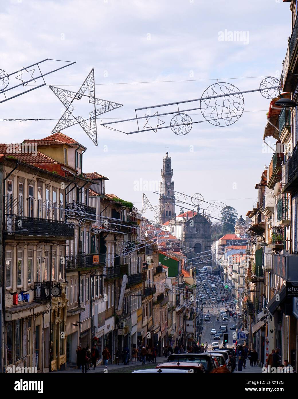 Vertical street view from Porto with a view to Torre dos Clerigos Stock ...