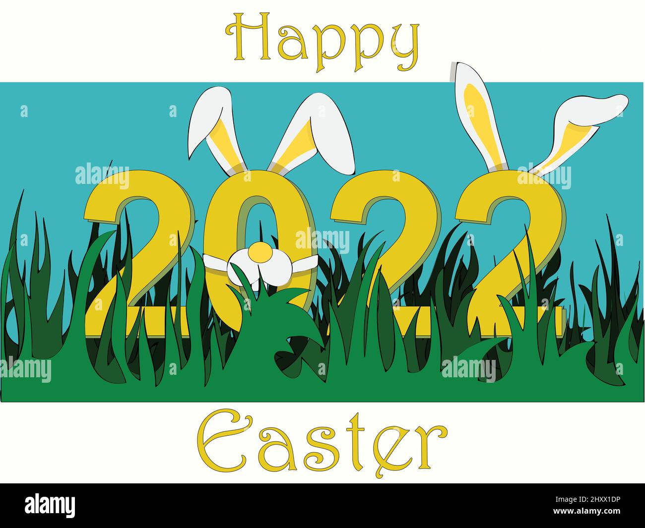 Happy Easter Horizontal Panel 2022 With Bunny Ears And Nose Grass And ...