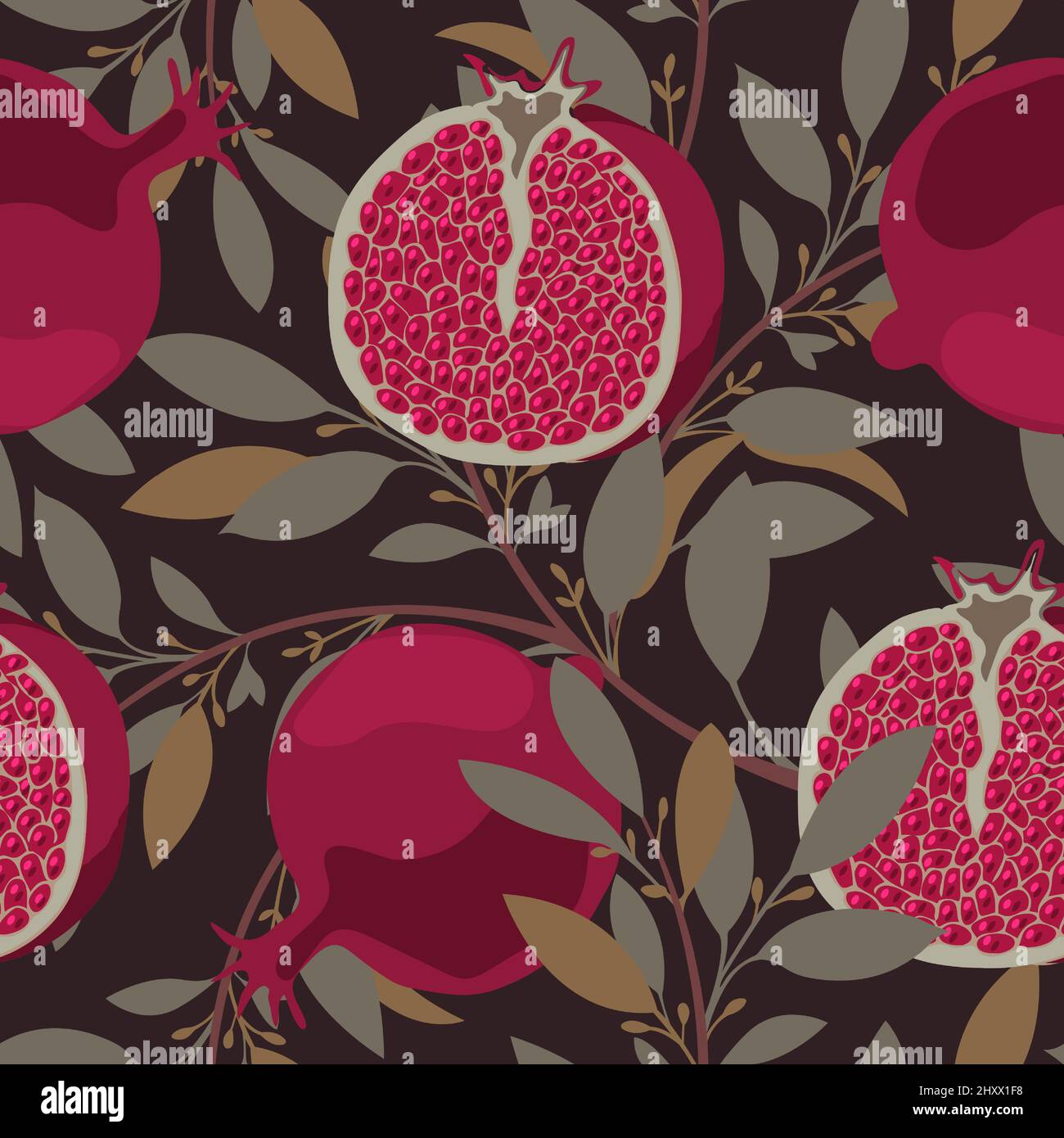 Art floral vector seamless pattern. Pomegranate tree with maroon fruits ...