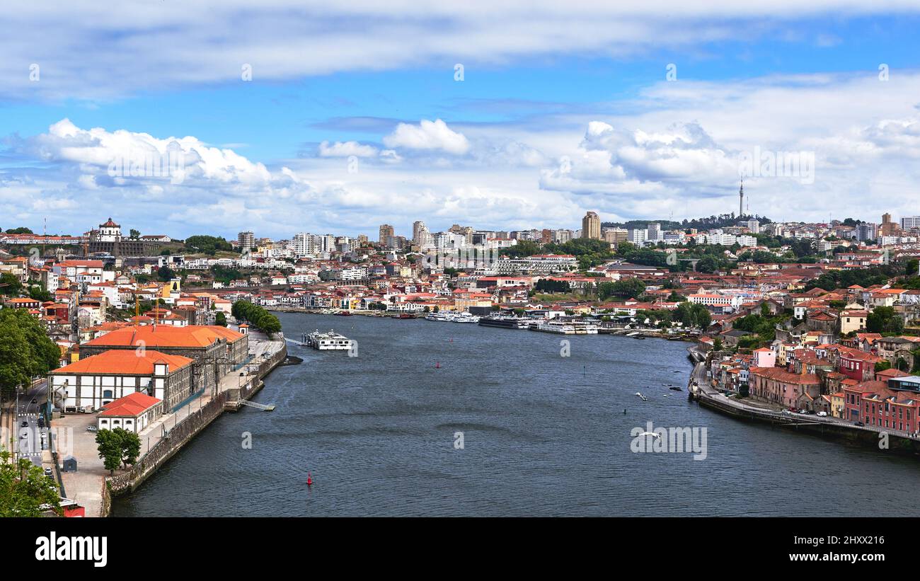 Aerial view of the Douro river with Porto and Gaia cities on each side ...