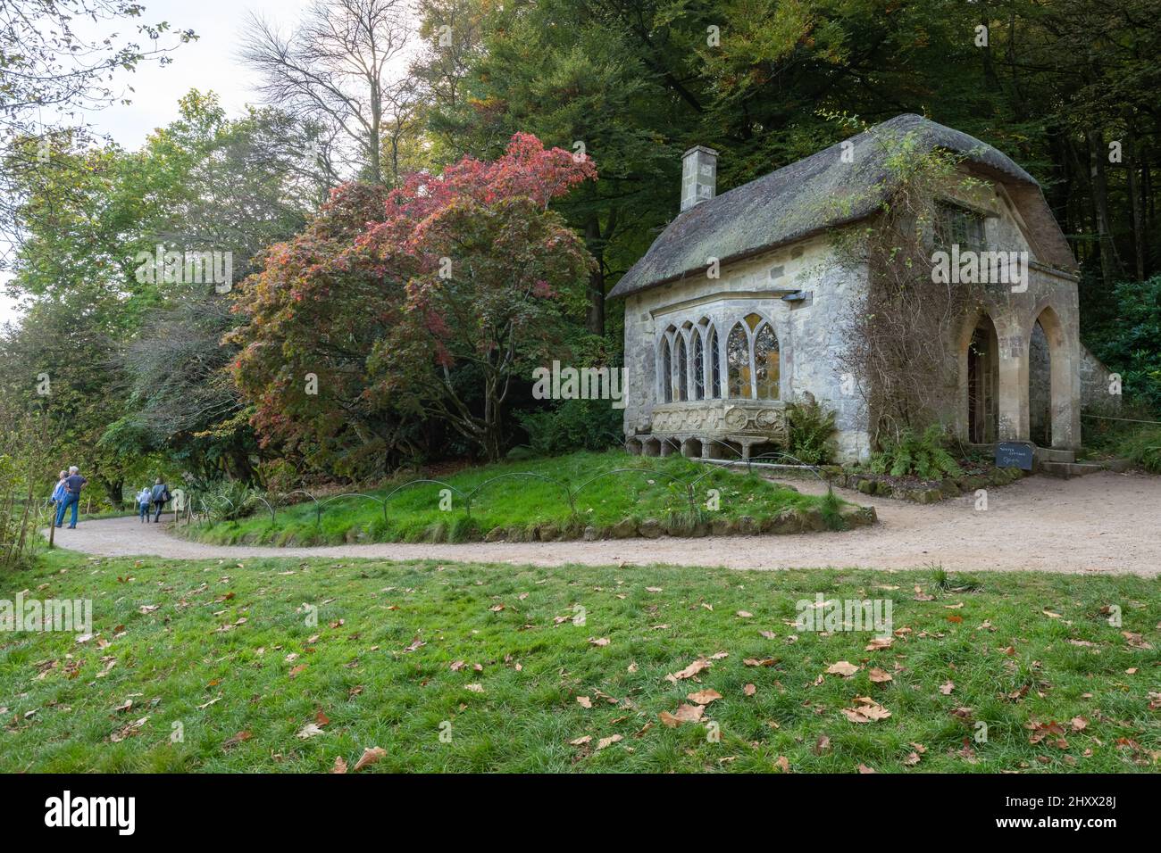 View of the Gothic cottage at Stourhead House and Gardens in Wiltshire ...