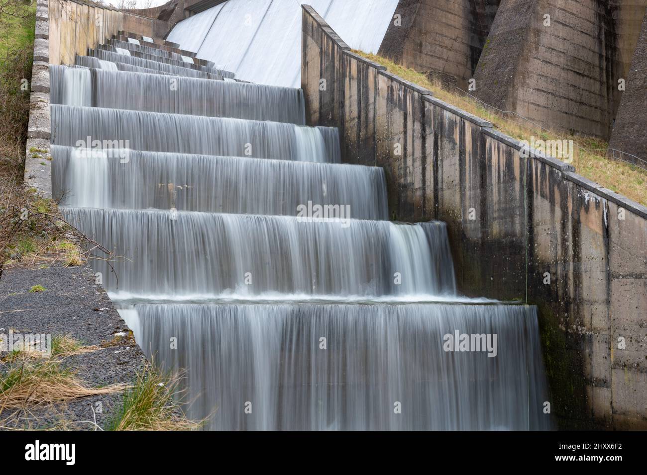Long exposure of the waterfalls flowing over Wimbleball dam in Somerset ...
