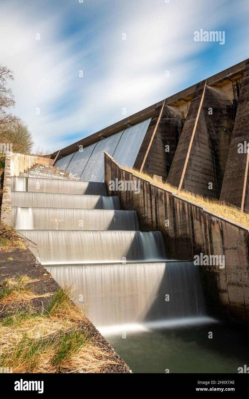 Long exposure of the waterfalls flowing over Wimbleball dam in Somerset ...