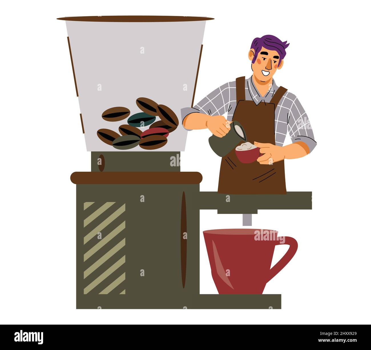 Barista with coffee machine, flat cartoon vector illustration isolated ...