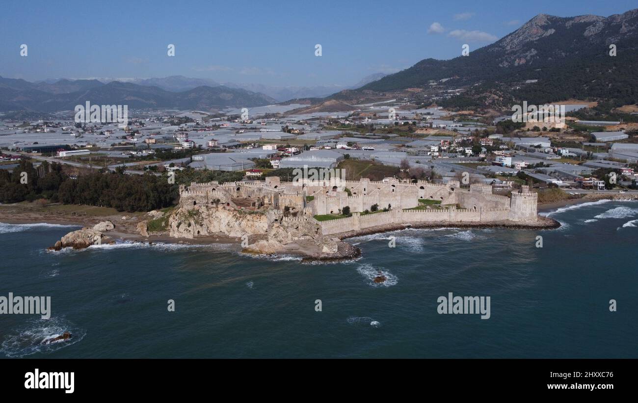 Aerial view of the historic Mamure Castle in Anamur, Turkey Stock Photo ...