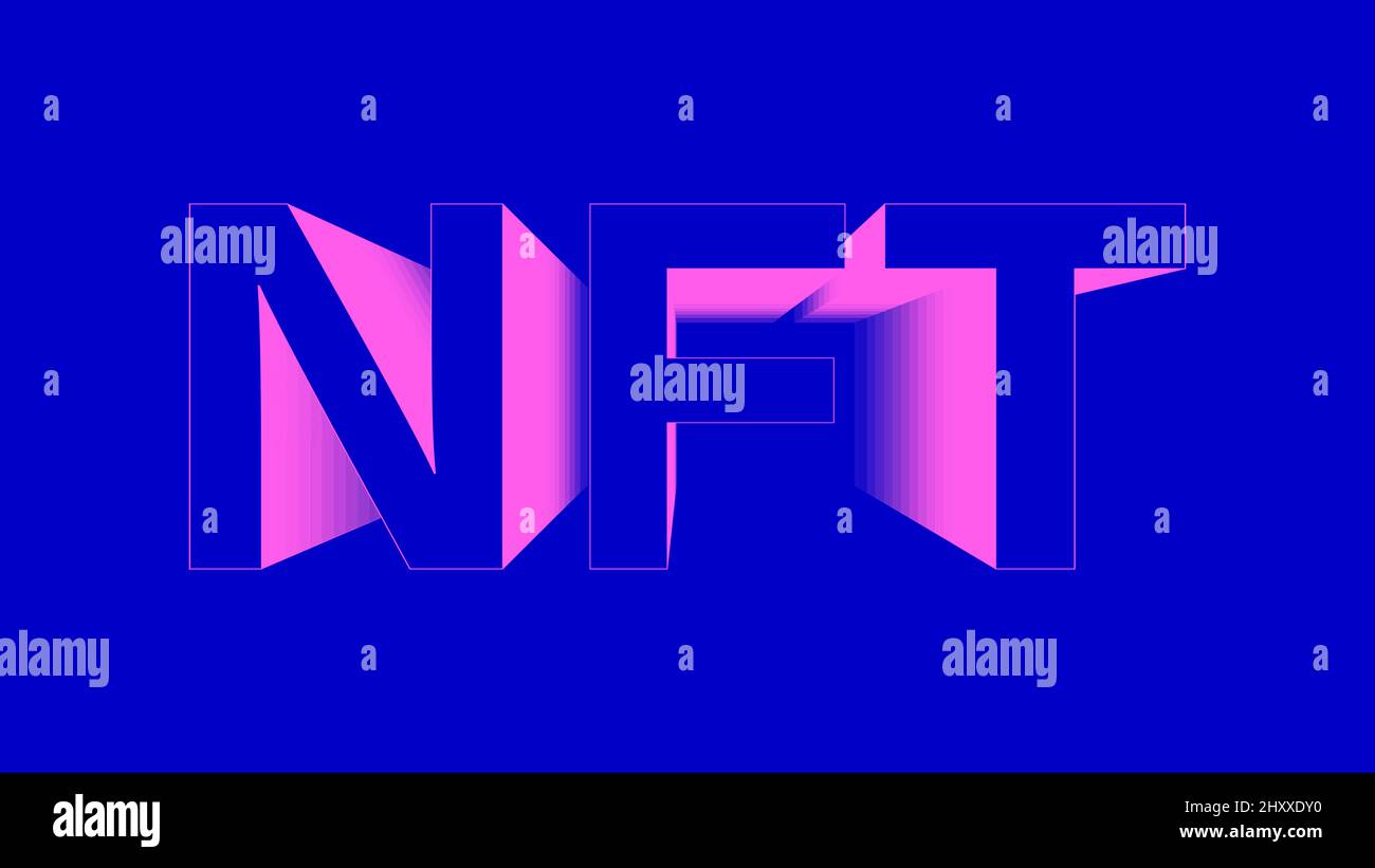 3d rendering illustration of neon pink NFT blockchain icon in the blue ...