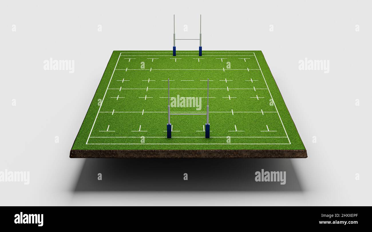 3D illustration of American football field ground cross section with ...