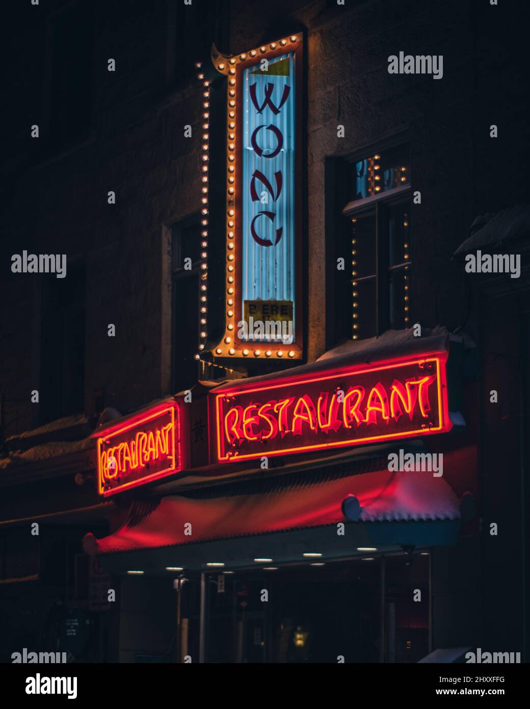 View of neon lights of a Chinese restaurant in Quebec at night Stock ...