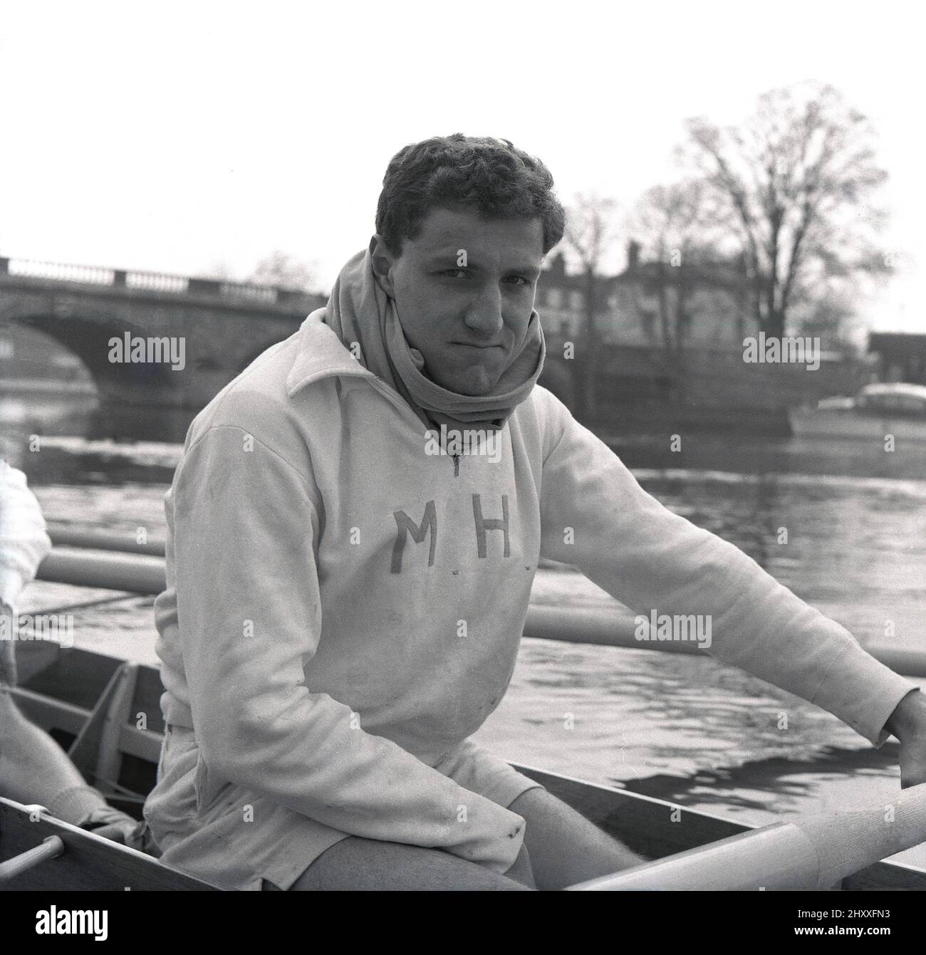 1960, historical, sitting in a rowing boat on the water, the stroke of ...