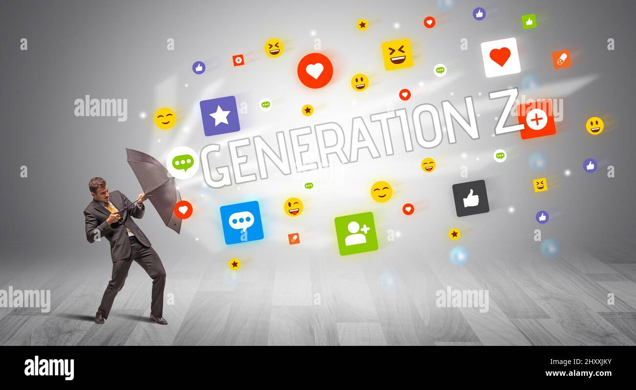 businessman defending with umbrella from social media Stock Photo - Alamy