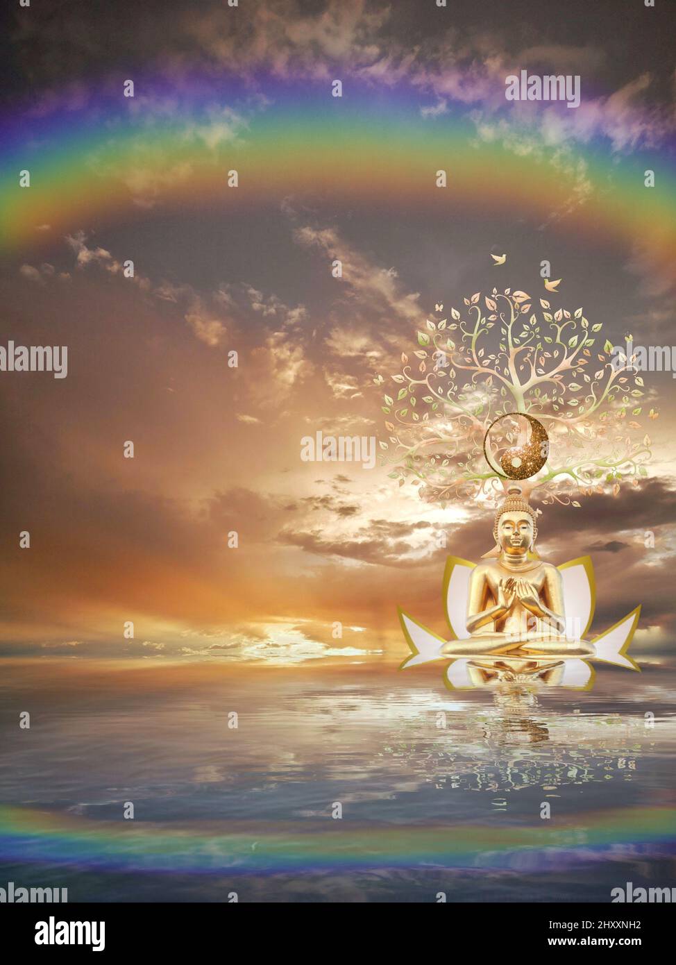 Spiritual background with buddha statue and yin yang symbol in sea ...