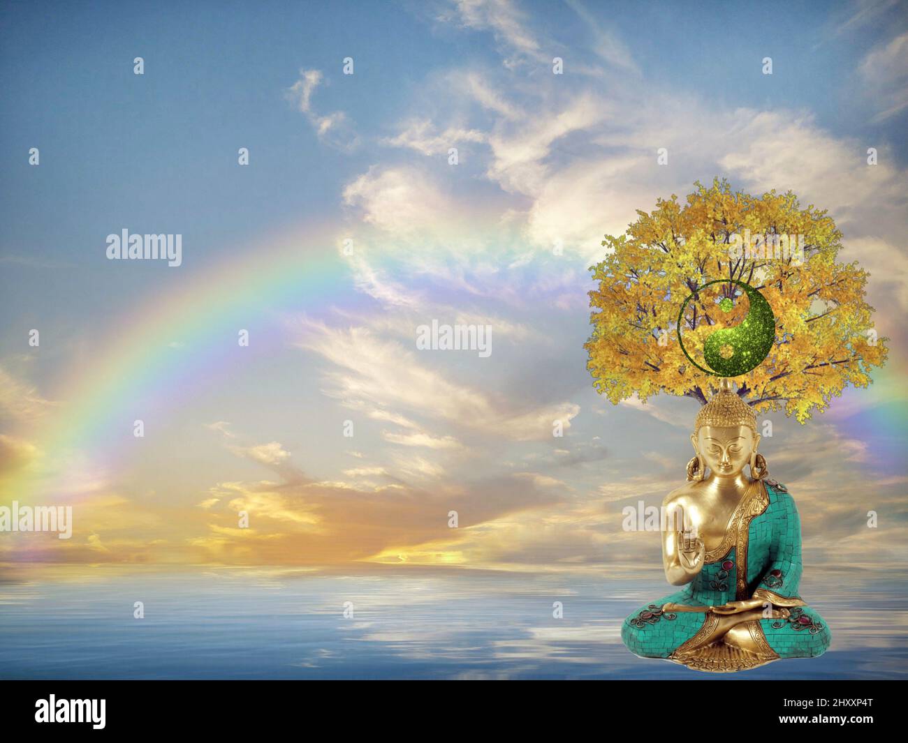 Spiritual background with buddha statue and yin yang symbol in sea ...
