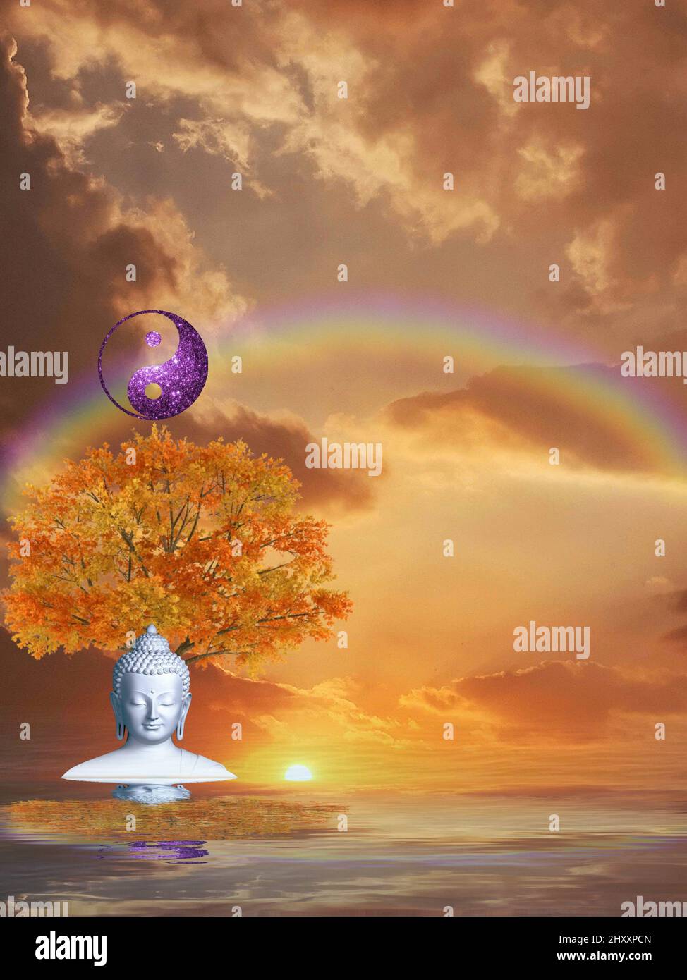 Spiritual background with buddha statue and yin yang symbol in sea ...