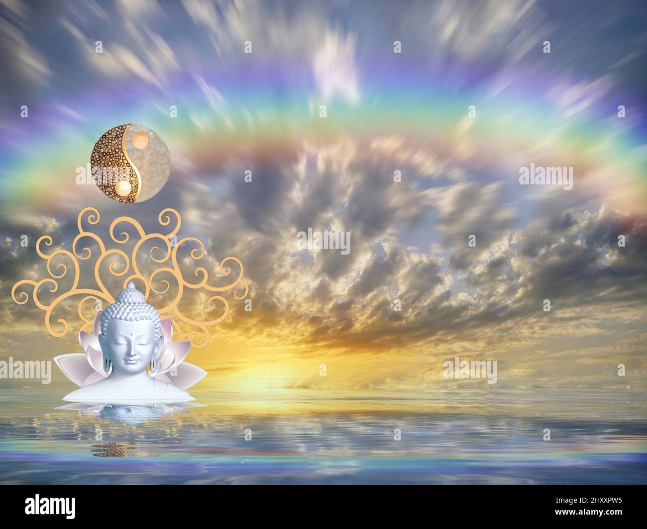Spiritual background with buddha statue and yin yang symbol in sea ...