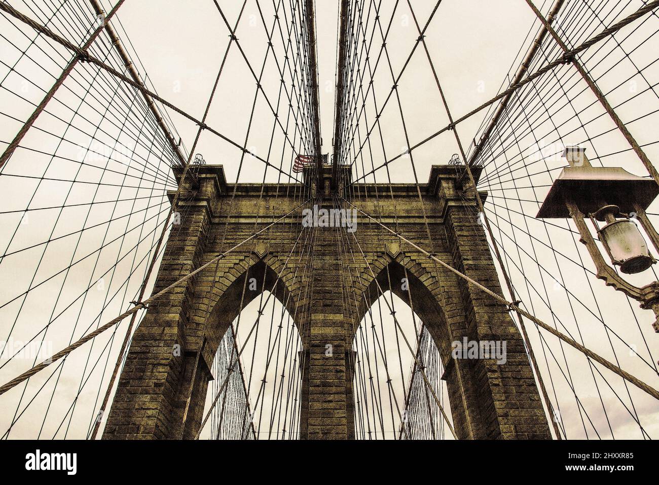 Low angle shot of the famous Brooklyn Bridge, New York City Stock Photo ...