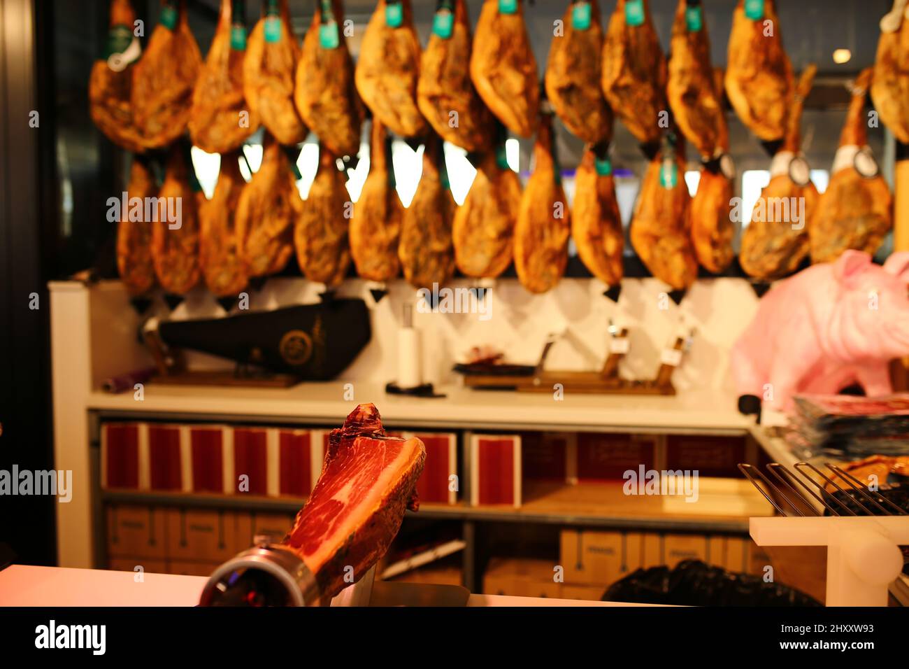 Shallow focus of a jamon selling in a butcher shop Stock Photo - Alamy