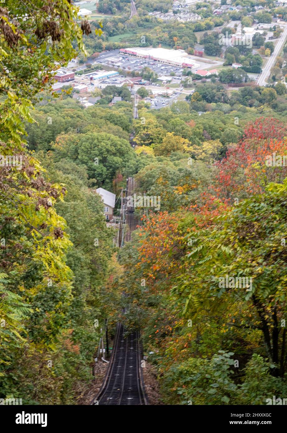 Closeup of the funicular railway running down the side of Lookout ...