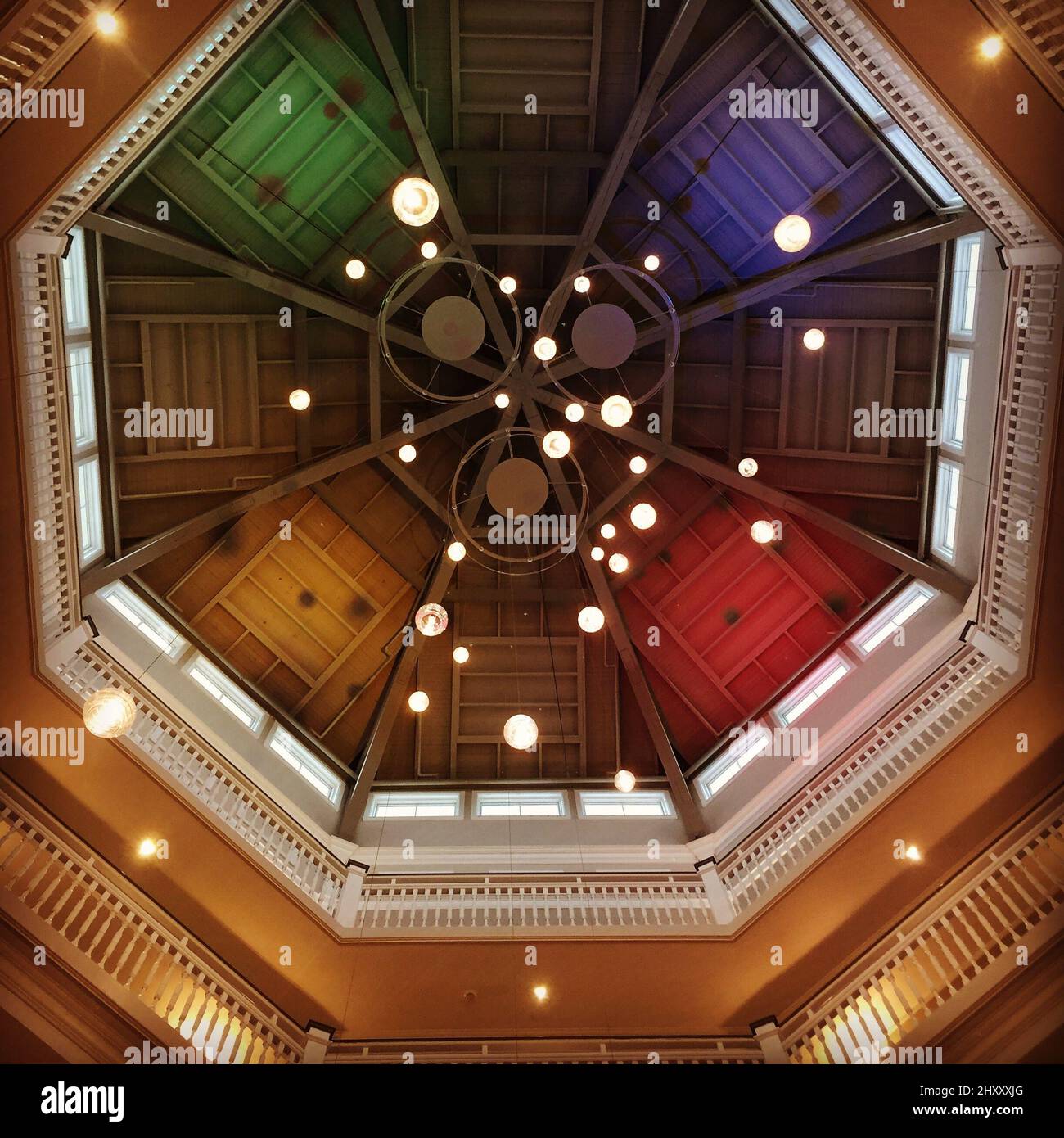 Closeup of a colorful light ceiling inside of a building Stock Photo ...