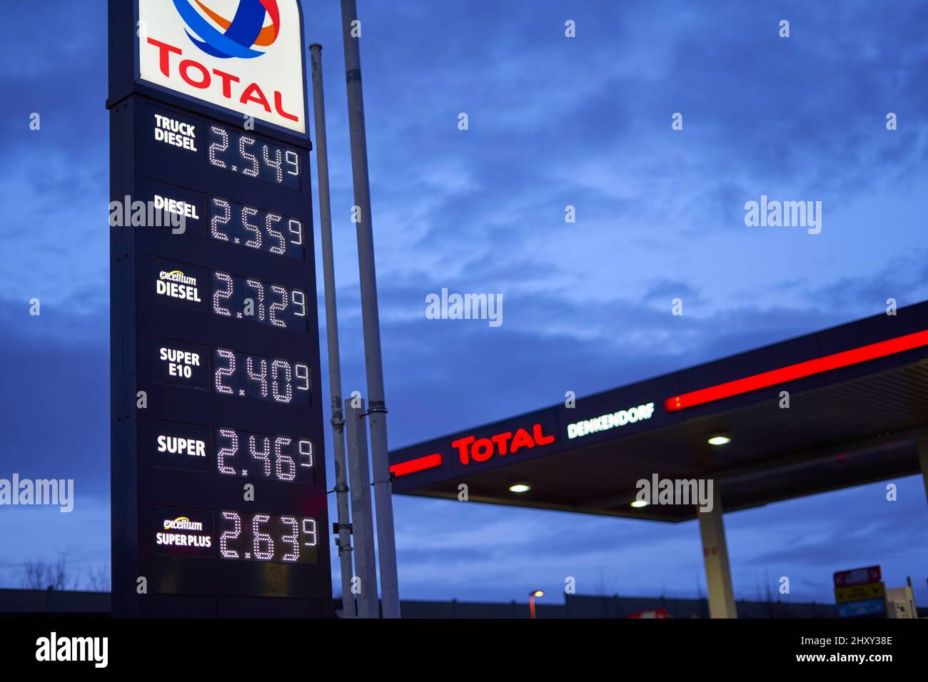 Denkendorf, Germany - March 14, 2022: Price board with high gasoline ...