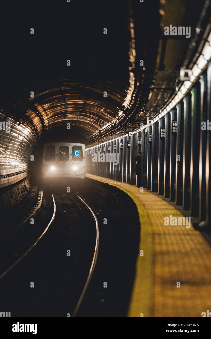 Closeup of an underground train in a station in New York Stock Photo ...