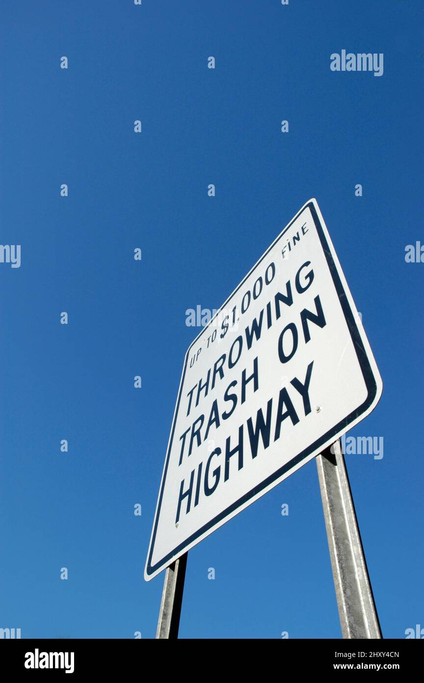 Freeway and road signs on the shoulder of the roadway bed Stock Photo ...