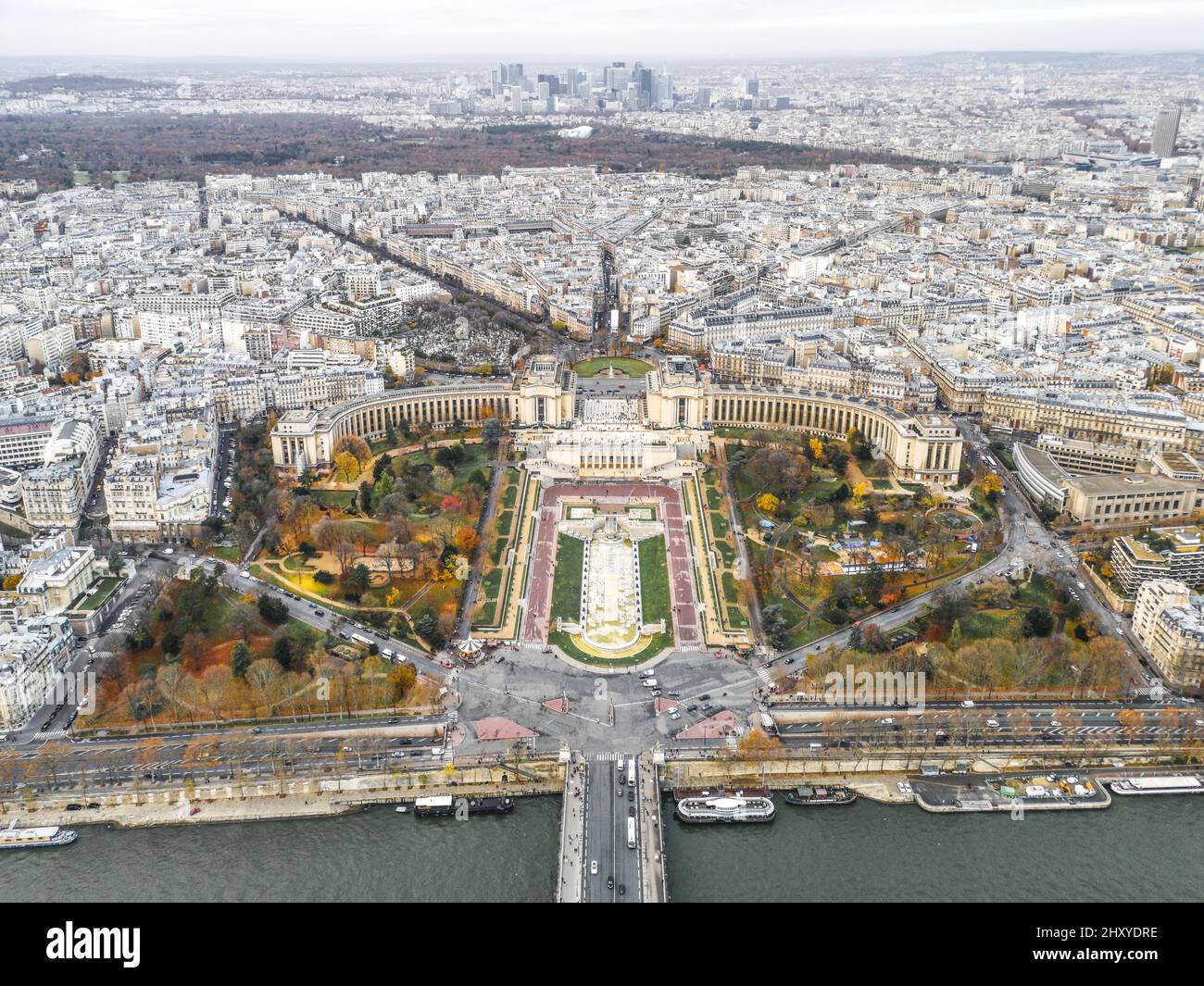 Aerial shot of the river Seine and a bridge with traffic in Paris ...