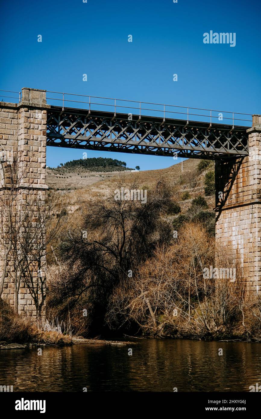 Old historic arch bridge surrounded by bushes by the Douro River ...