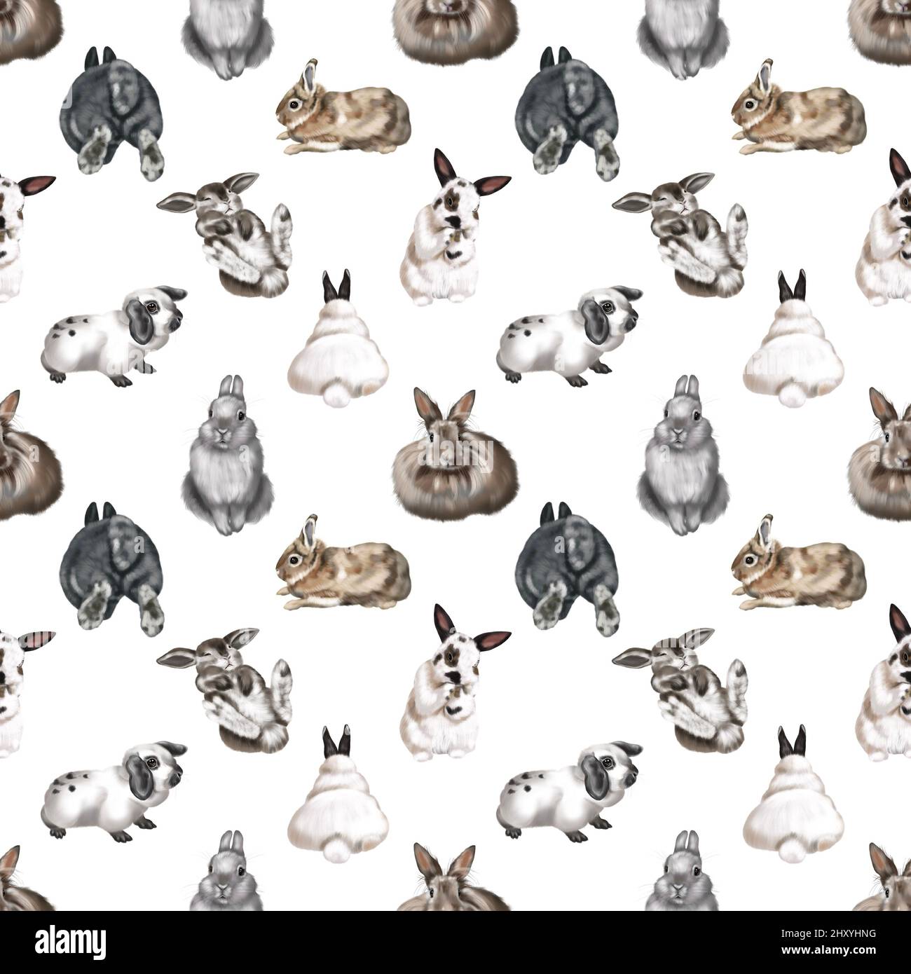 watercolor seamless pattern with rabbits. Realistic bunnies digital ...
