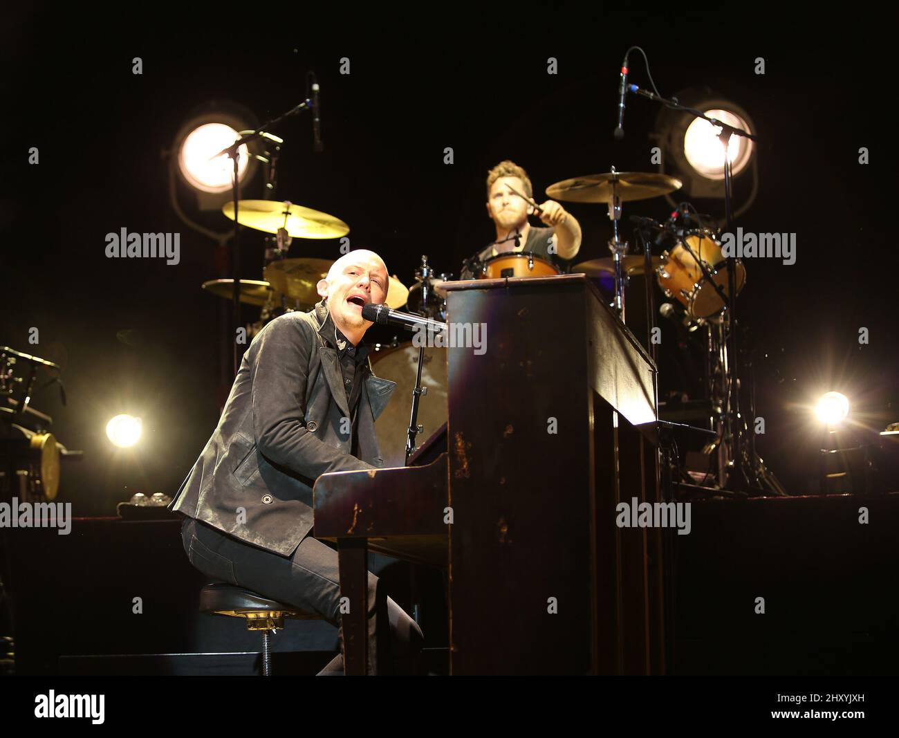 Isaac Slade of The Fray performing live in concert at the Bethel Woods ...